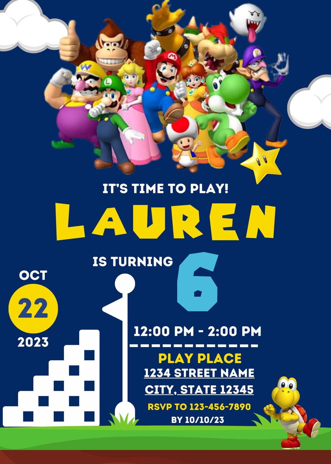 Super Mario Brothers Birthday Party Invitation 5x7 DIGITAL DOWNLOAD ...