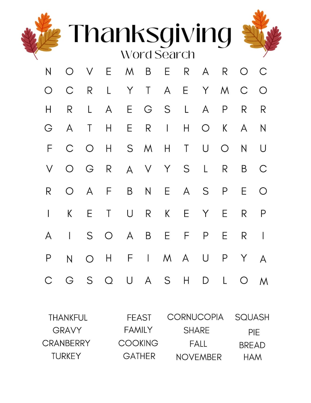 Thanksgiving Word Search - Etsy