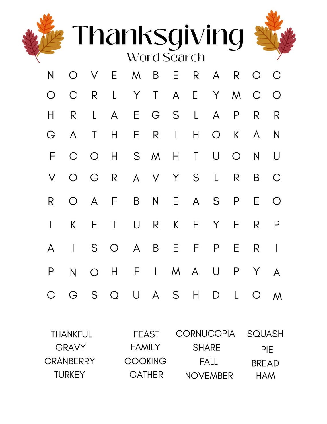 Thanksgiving Word Search - Etsy