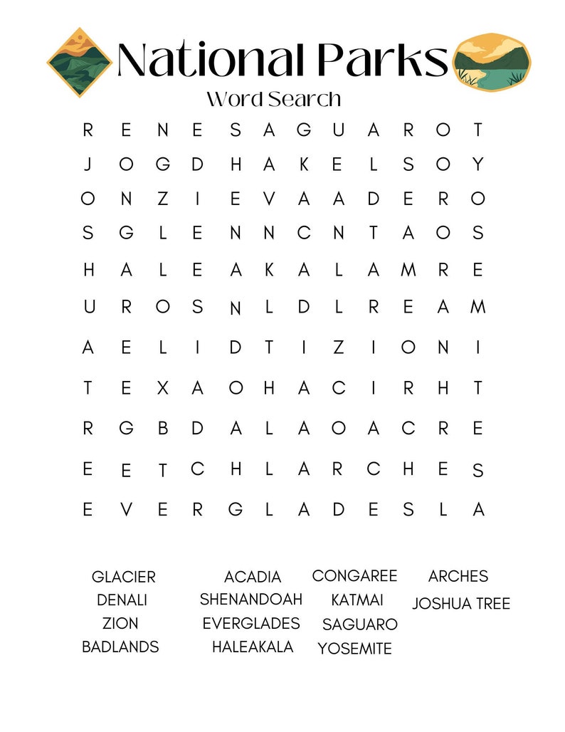 National Parks Word Search - Etsy