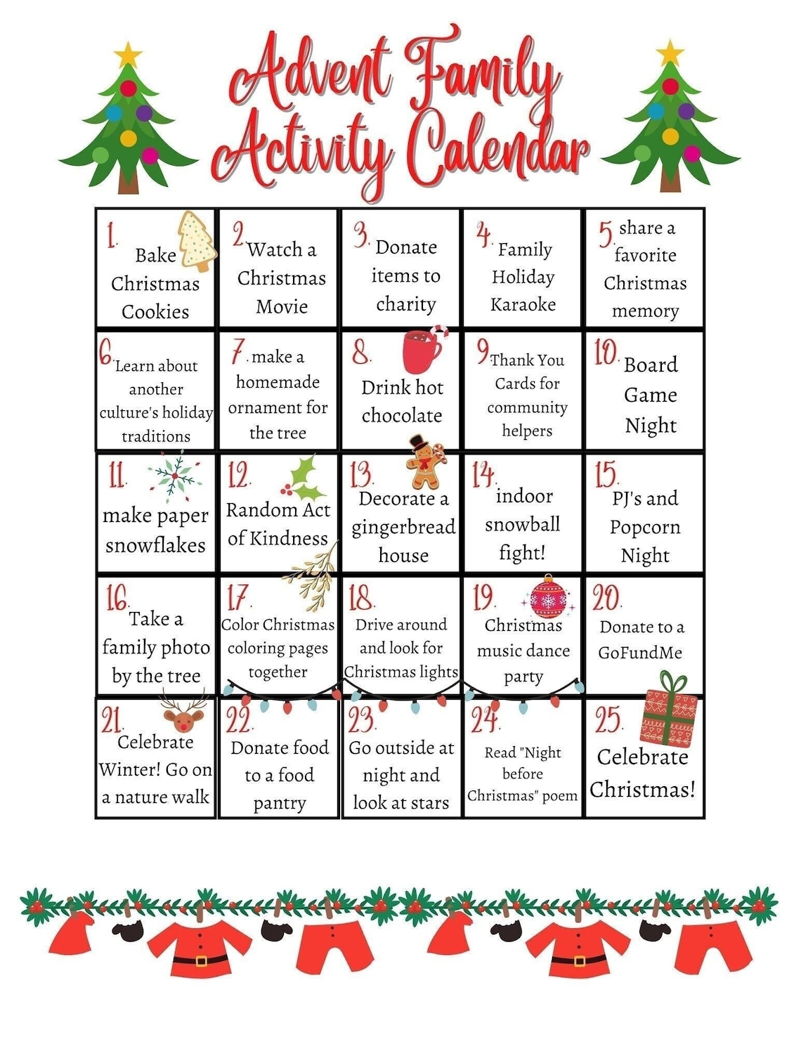Advent Family Activity Calendar, Christmas Bucket List - Etsy
