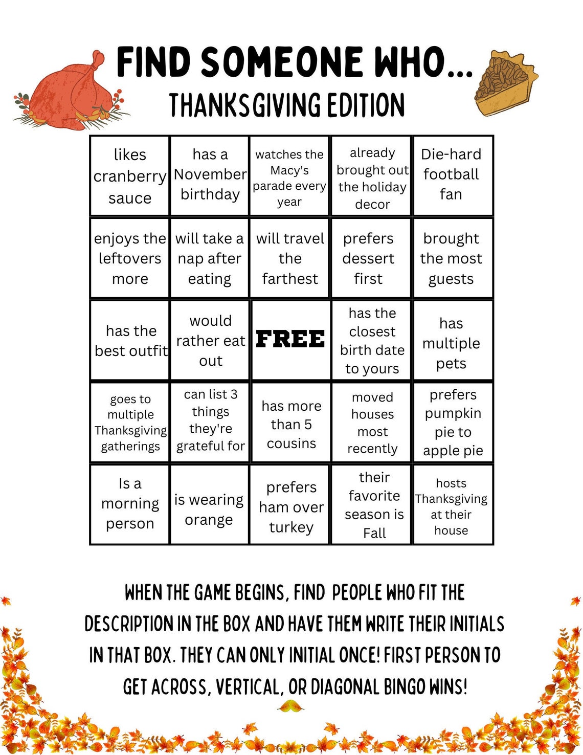 Thanksgiving Find Someone Who, Thanksgiving Ice Breaker, Thanksgiving ...