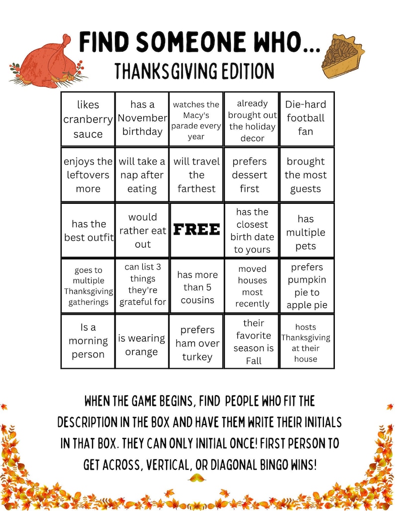 Thanksgiving Find Someone Who, Thanksgiving Ice Breaker, Thanksgiving ...