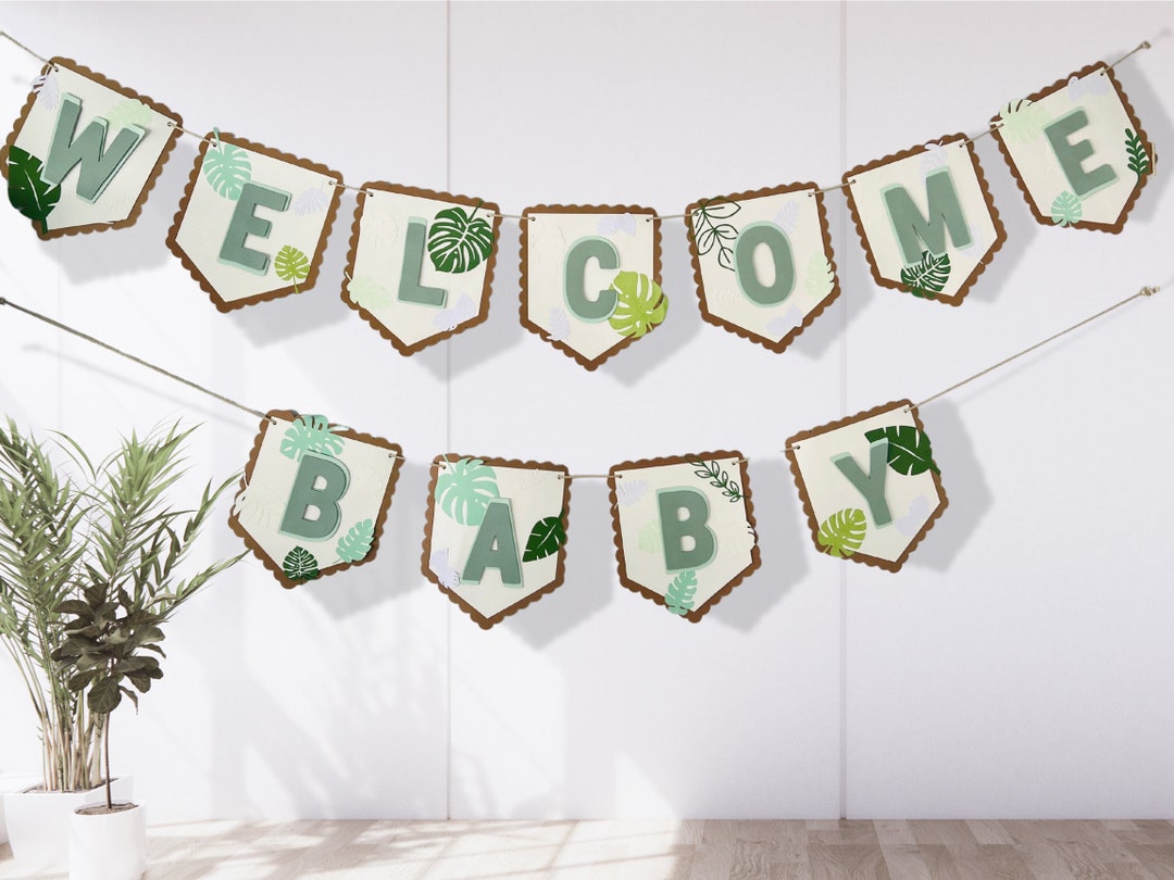 Welcome Baby Tropical Large Greenery Baby Shower Banner, Gender Neutral ...