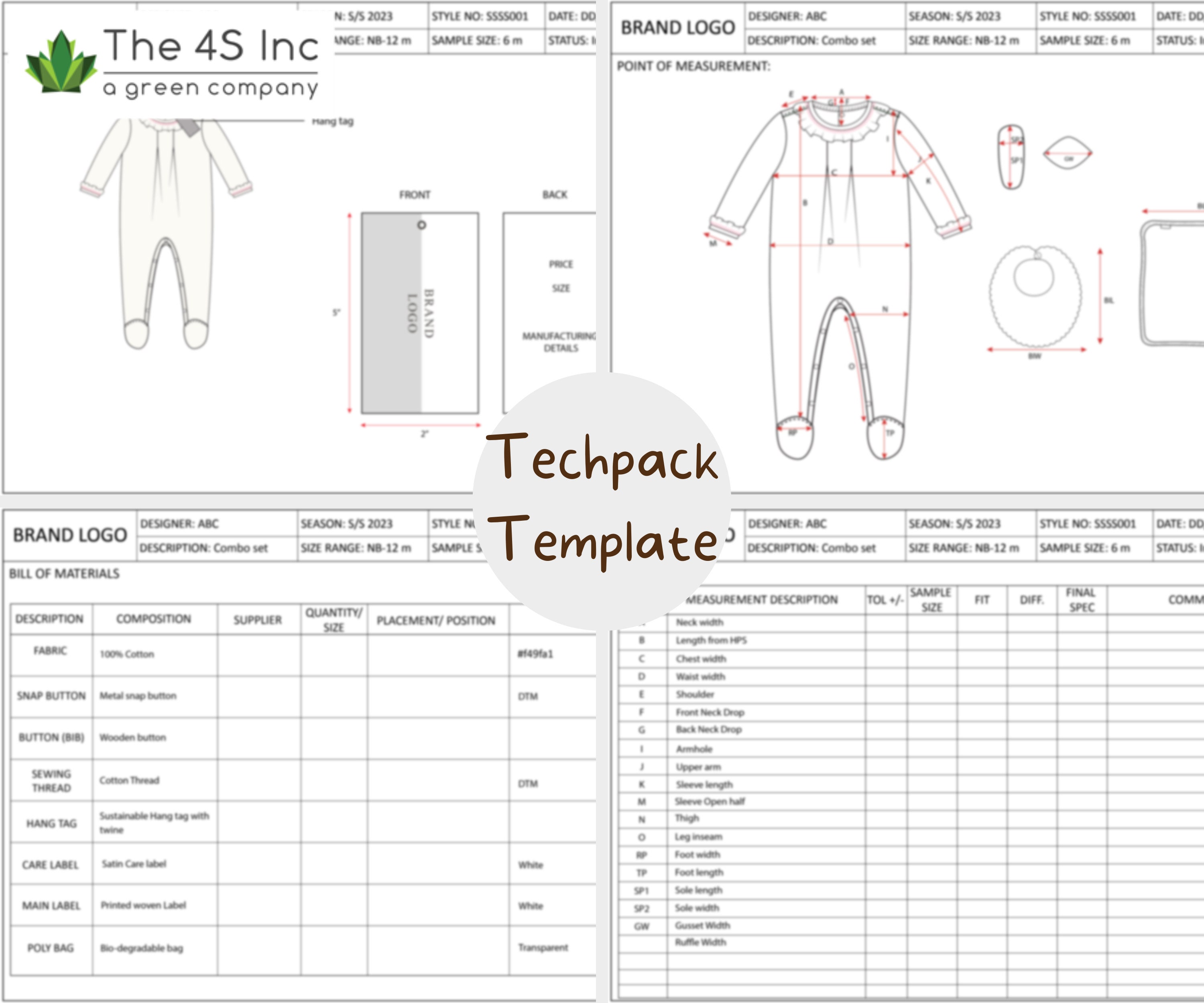 Sleepsuit Combo Tech Pack Template, Available in Illustrator Format for ...