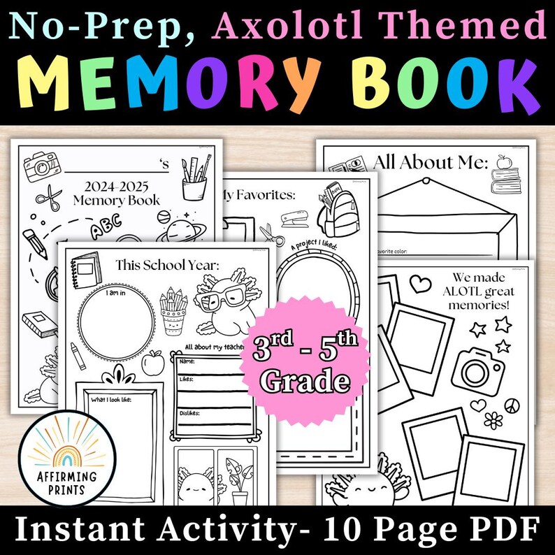 Axolotl Theme Memory Book, No Prep Last Week of School Activities ...