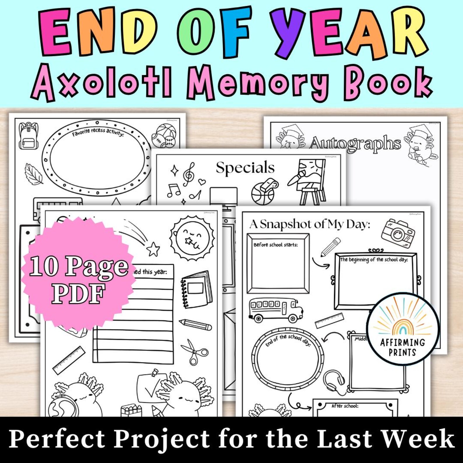 Axolotl Theme School Memory Book, End of Year Activities (printable PDF ...