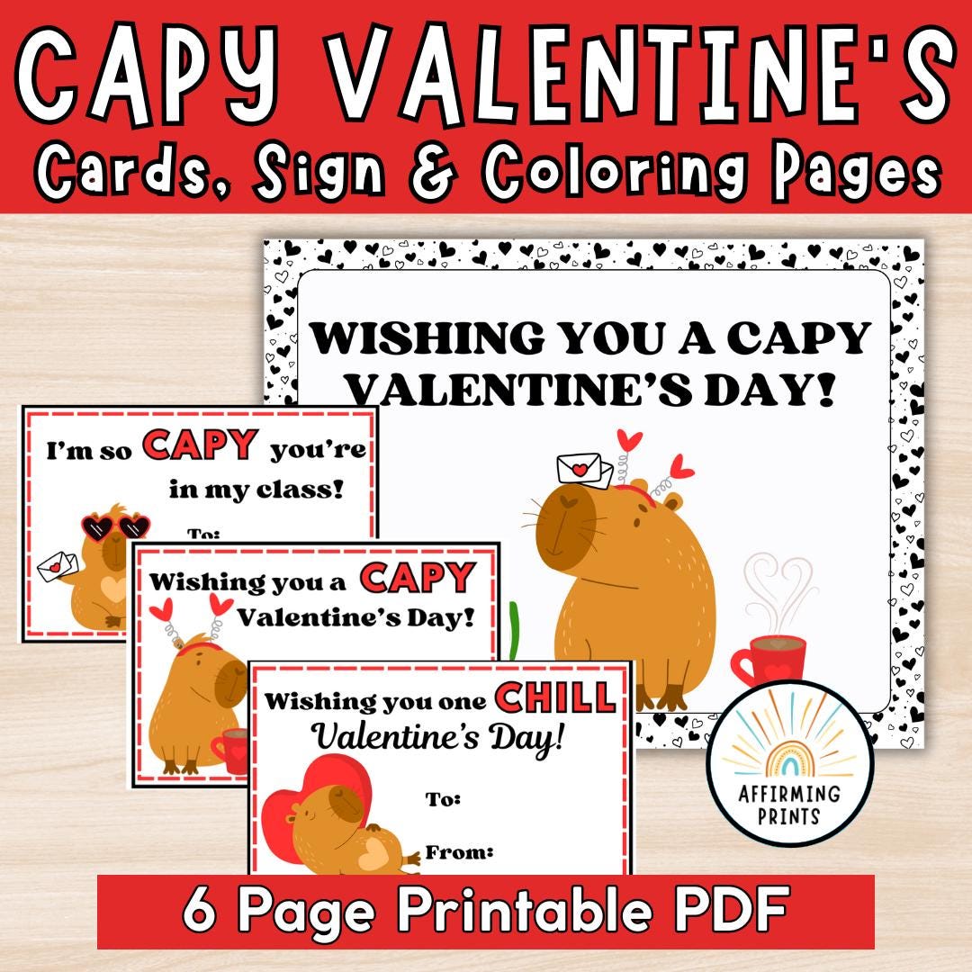 Printable Capybara Valentine's Day Cards & No Prep Capybara Coloring ...