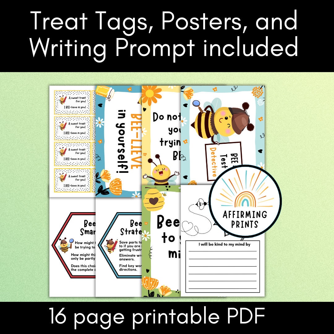 Bee Themed Test Encouragement, Testing Strategies Poster, Bee Treat Tag ...