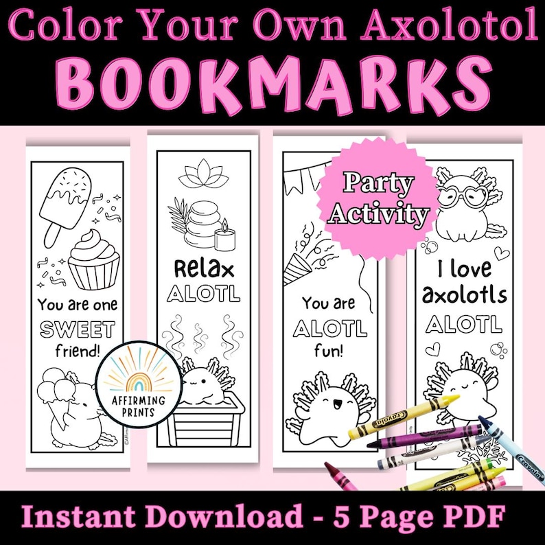 Axolotl PRINTABLE Bookmarks, Axolotl Party Activities, Axolotl Coloring ...