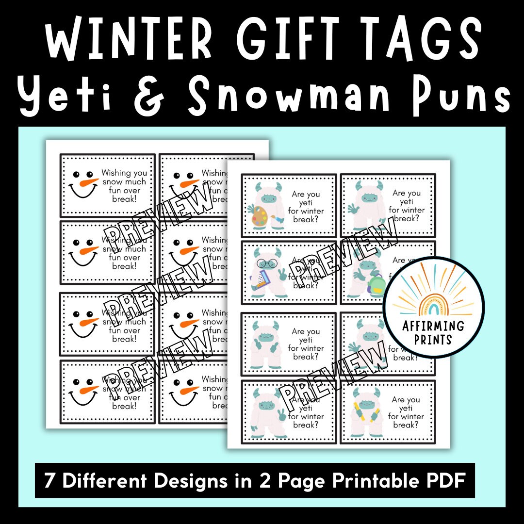 Snowman & Yeti Winter Gift Tags for Teachers (PDF) - Etsy