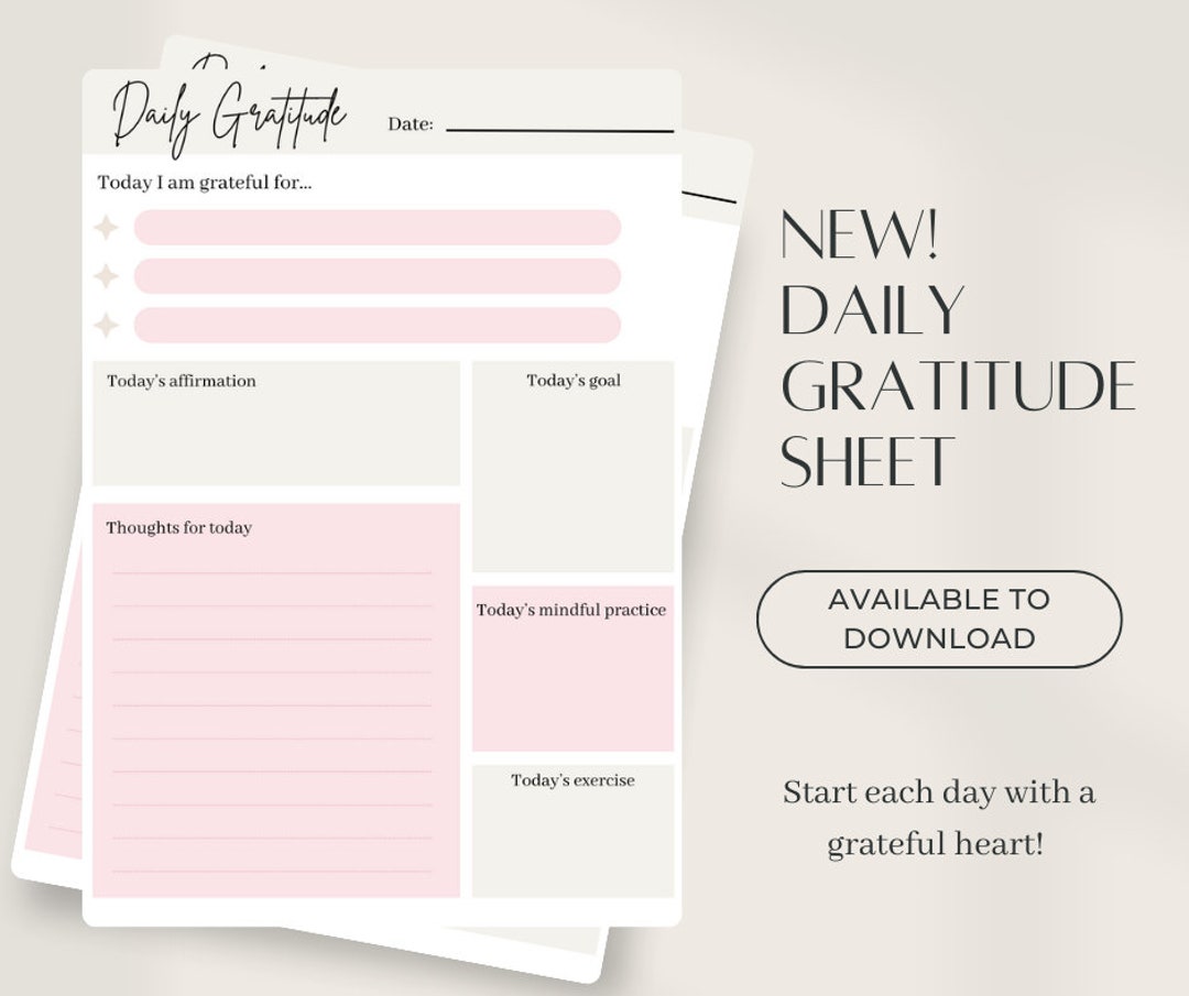 Printable Daily Gratitude Sheets, Mindfulness Worksheet, Instant ...