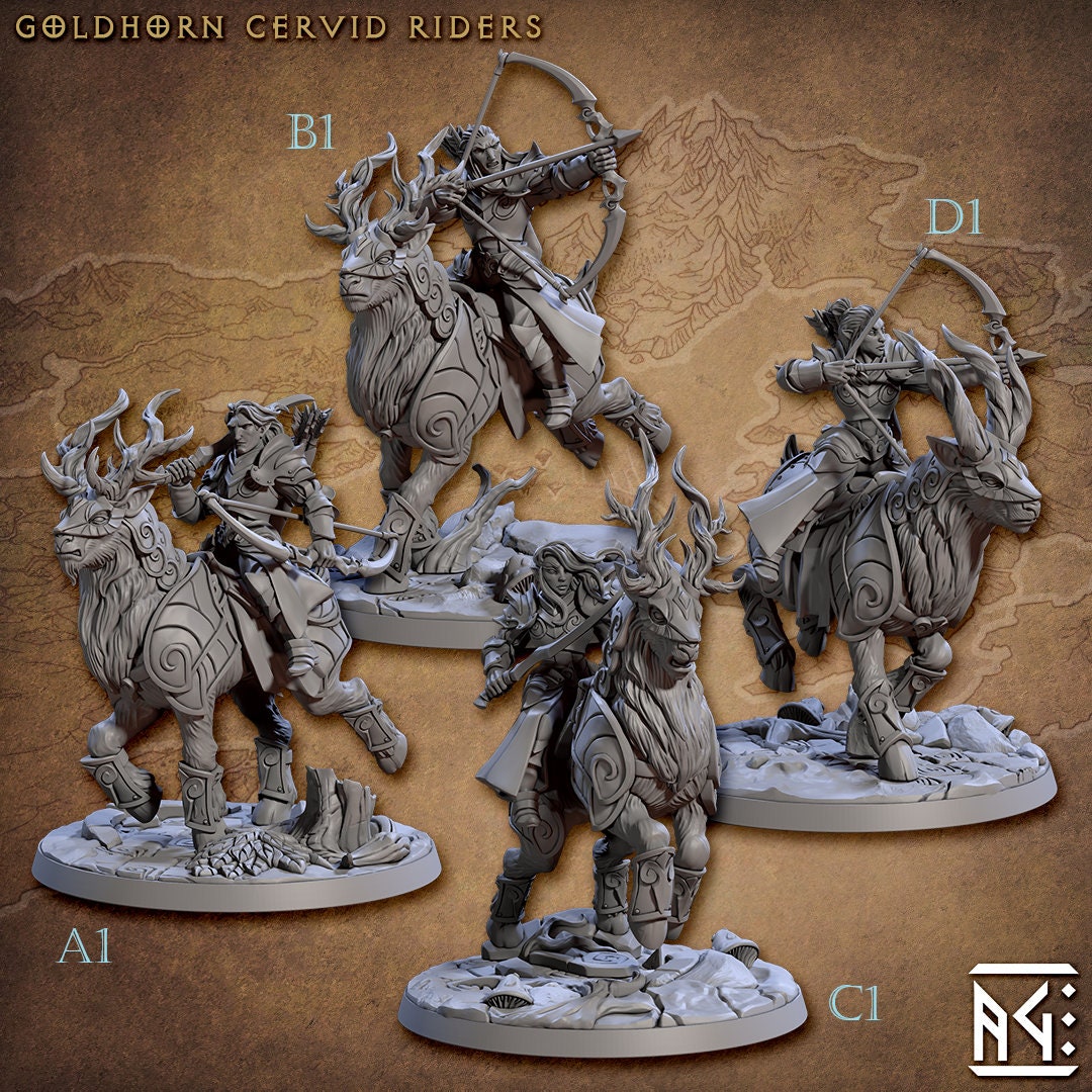 Goldhorn Cervid Riders - Noble Alfar - Elf - Miniature - Dnd Miniatures ...