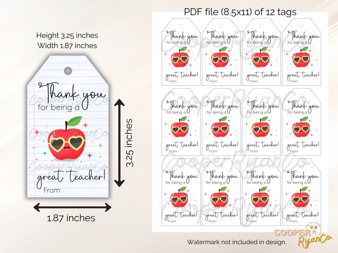 Teacher Appreciation Day Tag, Printable Gift Tags, Teacher Appreciation ...