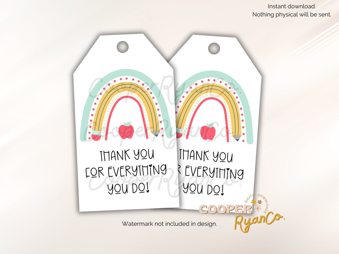 Teacher Thank You Gift Tag, Teacher End Year Gift, Teacher Appreciation ...