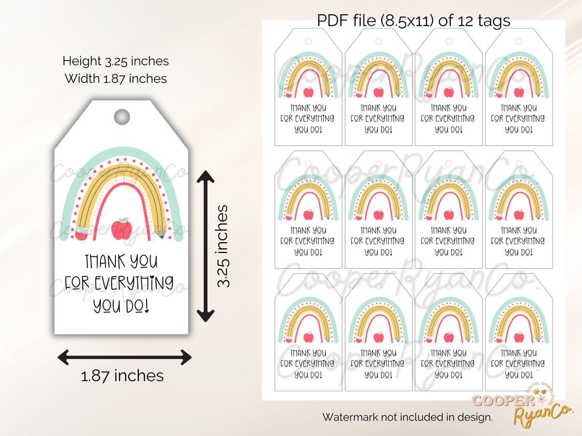 Teacher Thank You Gift Tag, Teacher End Year Gift, Teacher Appreciation ...