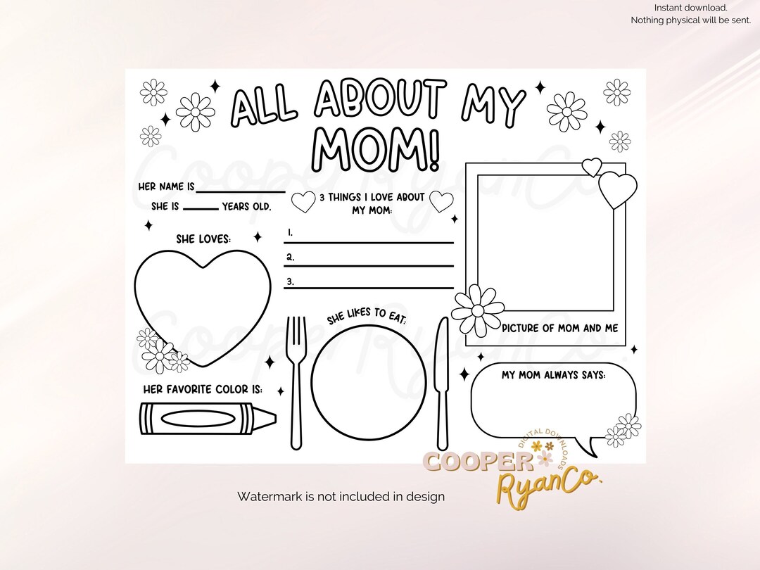 Mother's Day Printable, All About My Mom, Mothers Day Gift, Card for ...