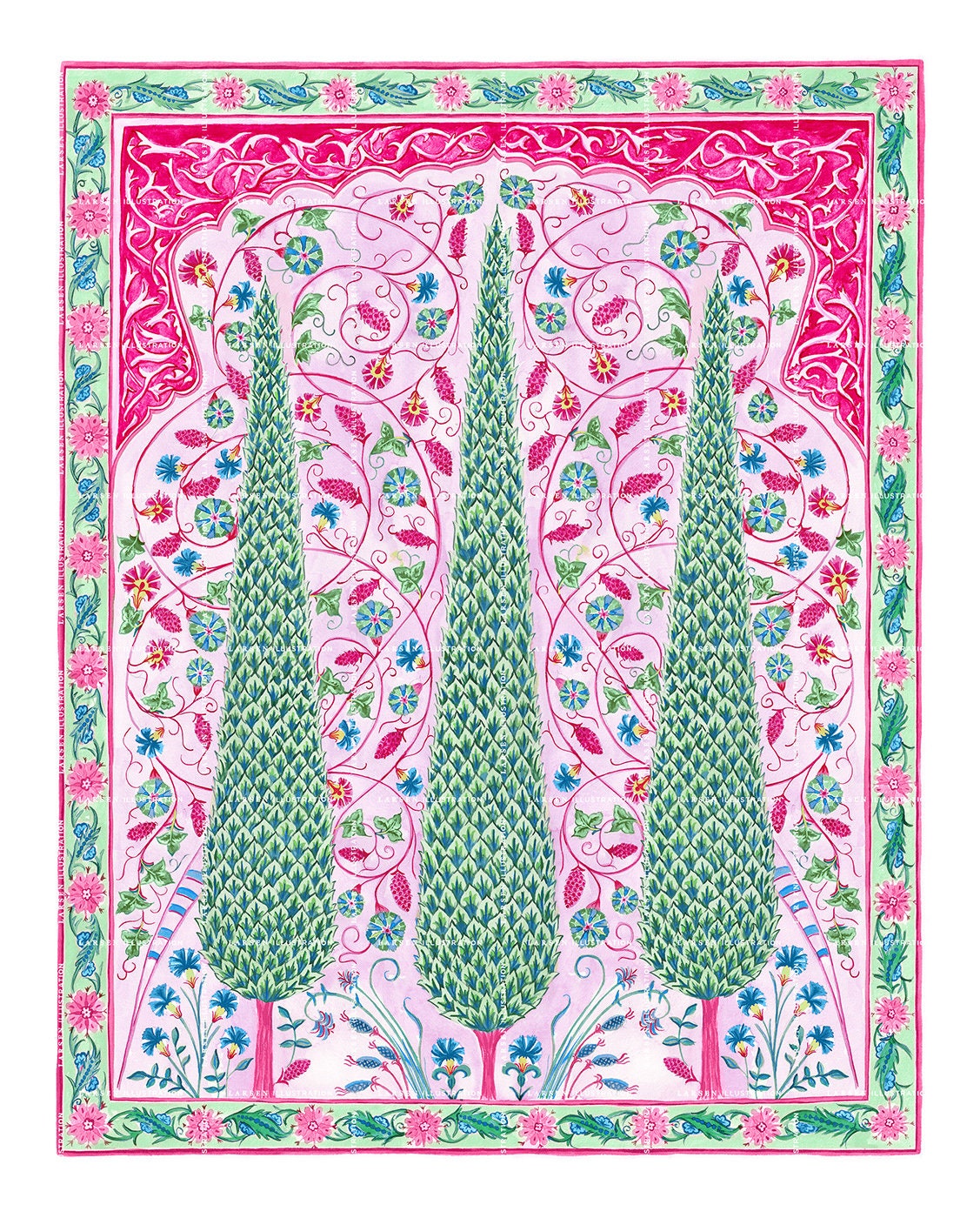 Three Cypress Trees - Pink | Turkish Persian Islamic | Tile Mosaic ...