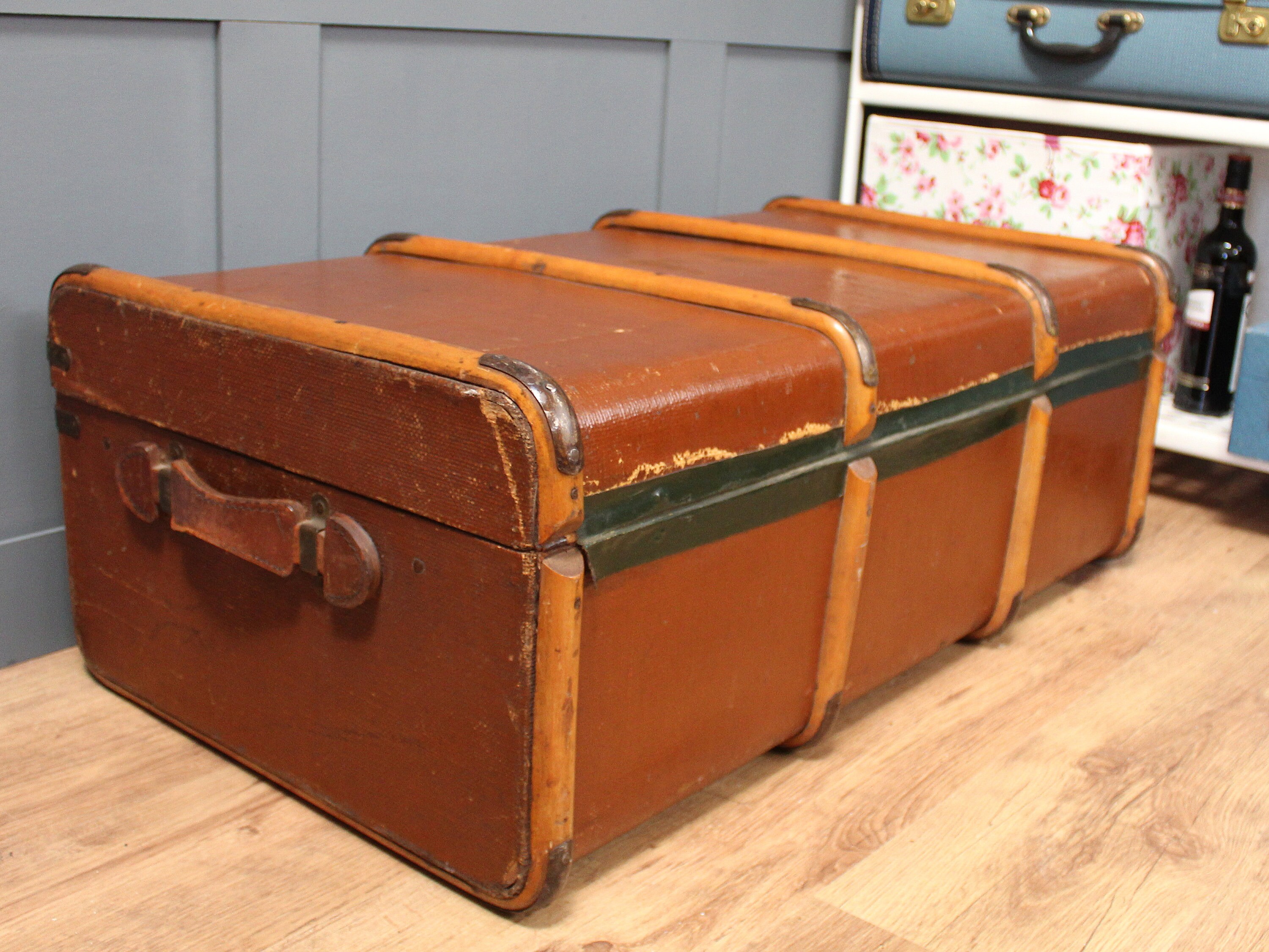 Vintage Steamer Trunk With Wooden Slats and Leather Side - Etsy