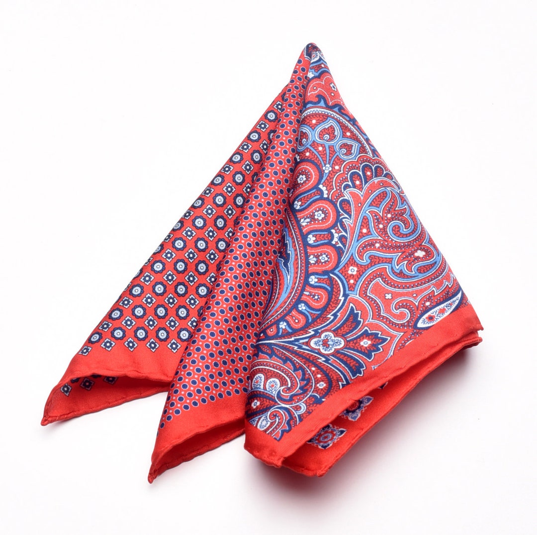 Red 4 Patterns Italian Silk Pocketsquare, Handcrafted Pure 100% Silk ...