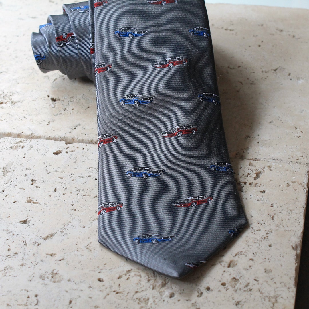 Classis Sports Car Pattern Gray Color 100% Pure Silk Tie, Handmade ...