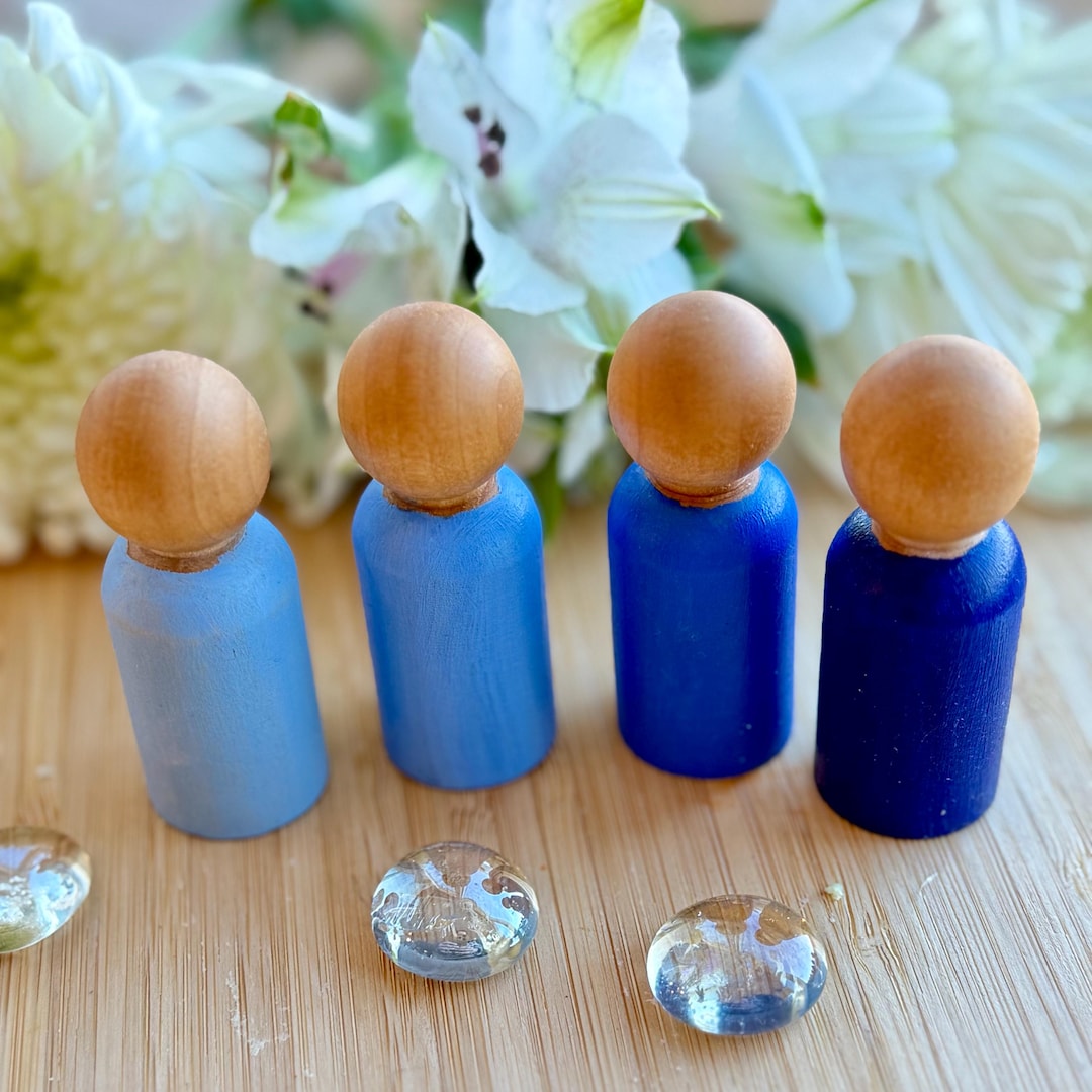 4 Hand-painted Blue Peg Dolls – Eco-friendly Wooden Toy for Imaginative ...
