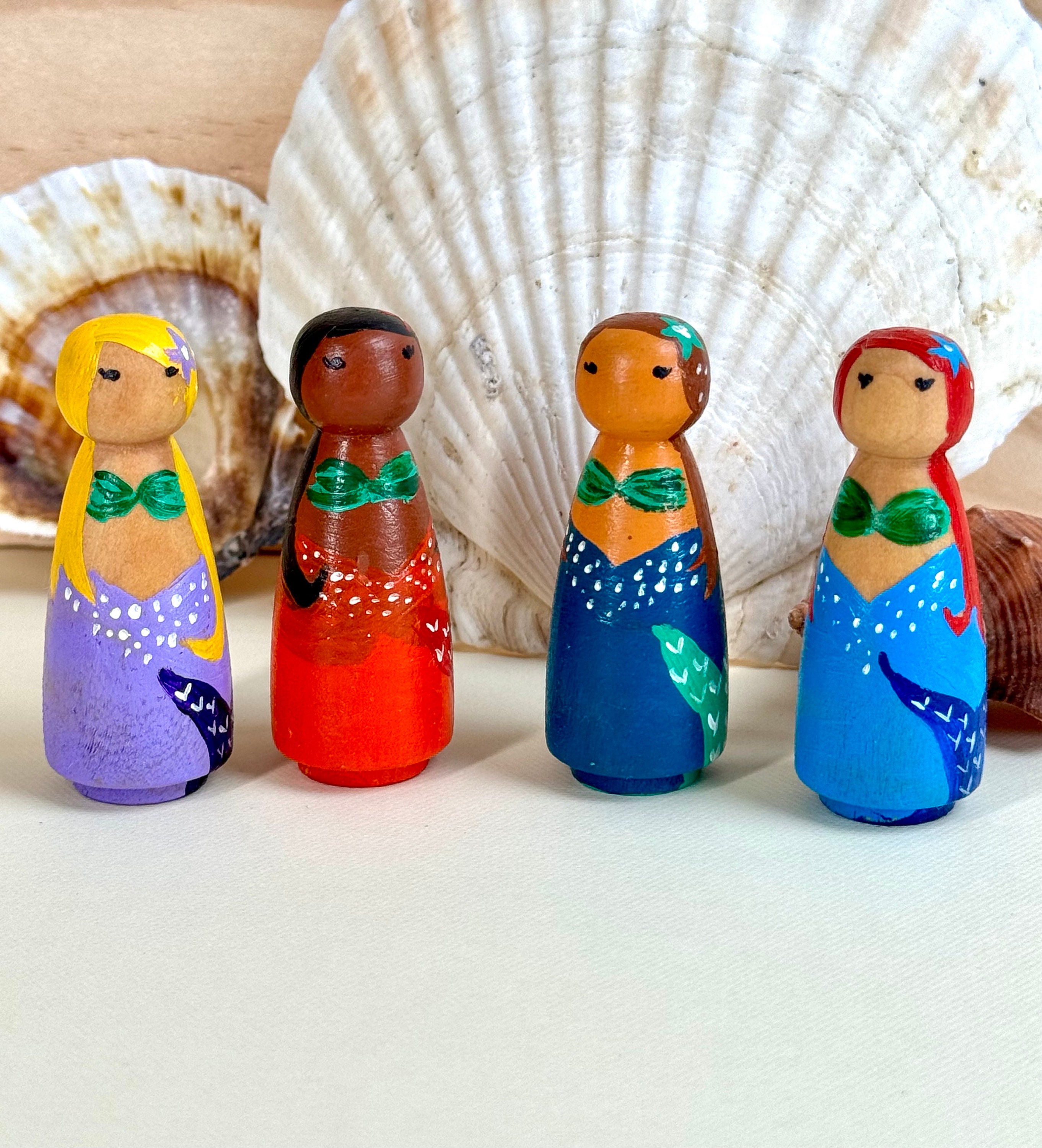 Mermaid Peg Doll: Red Hair, Blue Tail, Eco-friendly Hand Painted Toy A ...