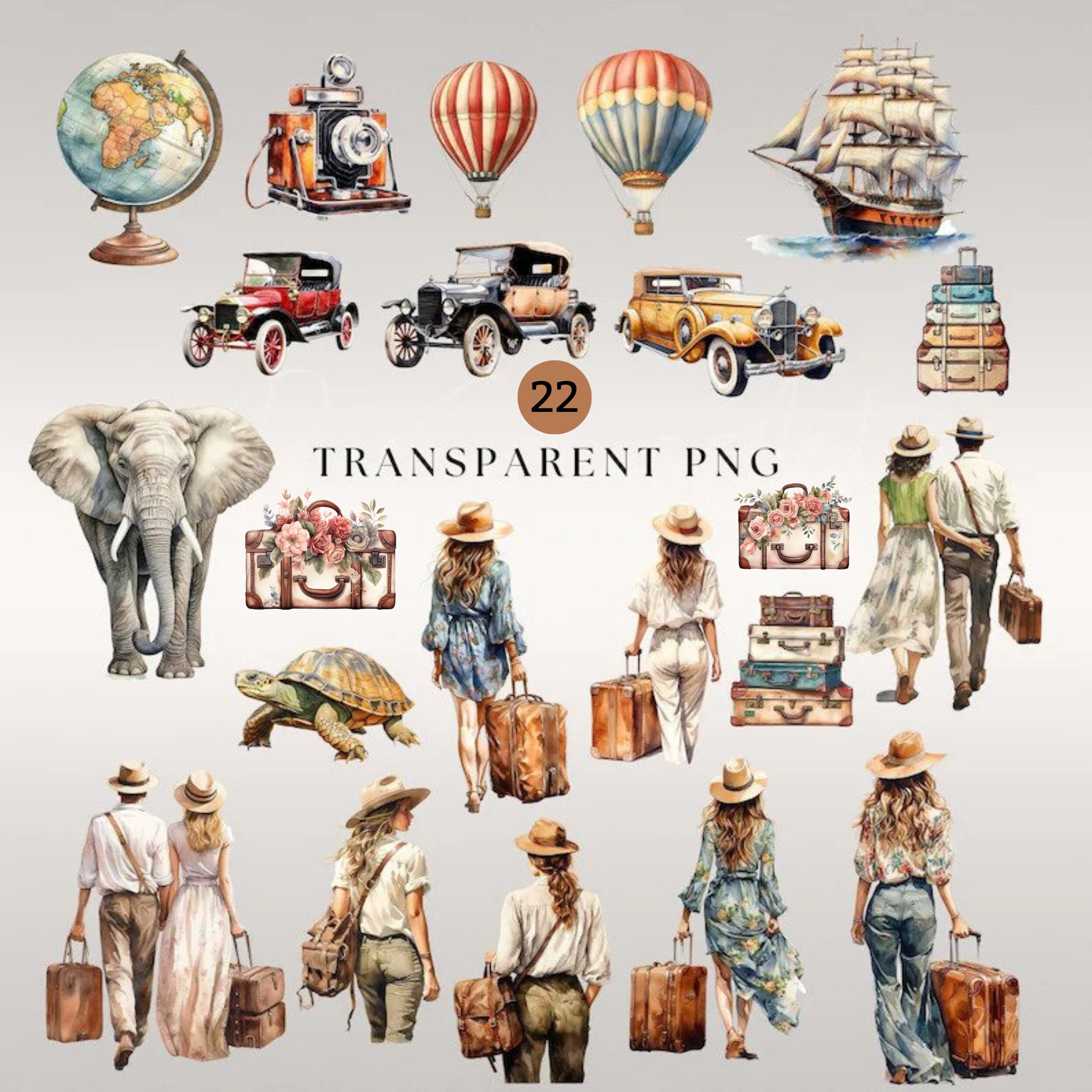 Watercolor Travel Clipart Bundle, Set of 20 HQ Planner Clipart, Vintage ...