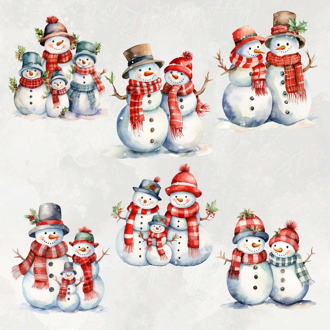 Christmas Snowman Watercolor Clipart Bundle, Set of Cute Snowman Family ...