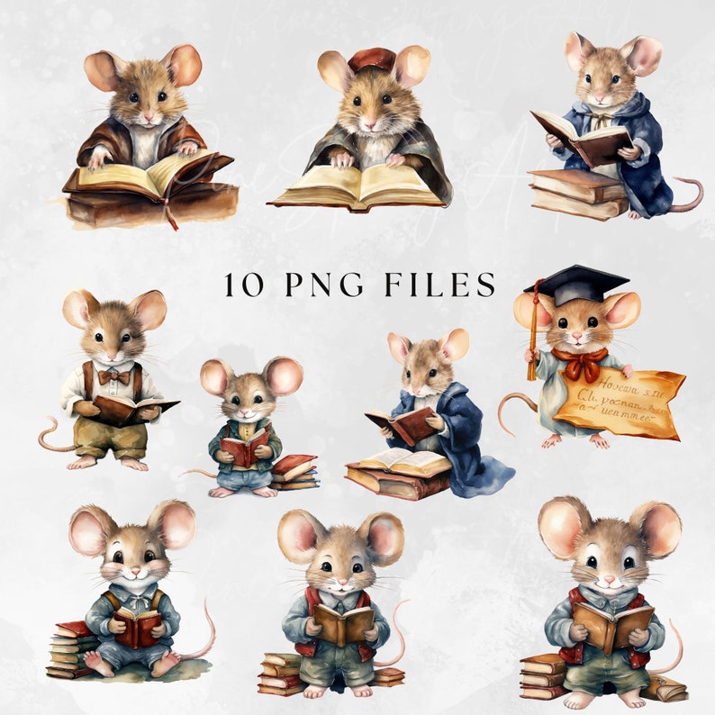 Student Mouse Watercolor Clipart Bundle, Set of 10 HQ Cute Mice PNG ...
