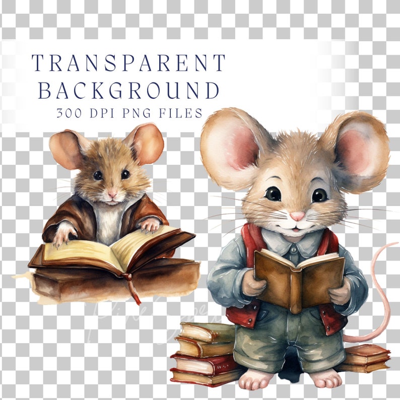 Student Mouse Watercolor Clipart Bundle, Set of 10 HQ Cute Mice PNG ...