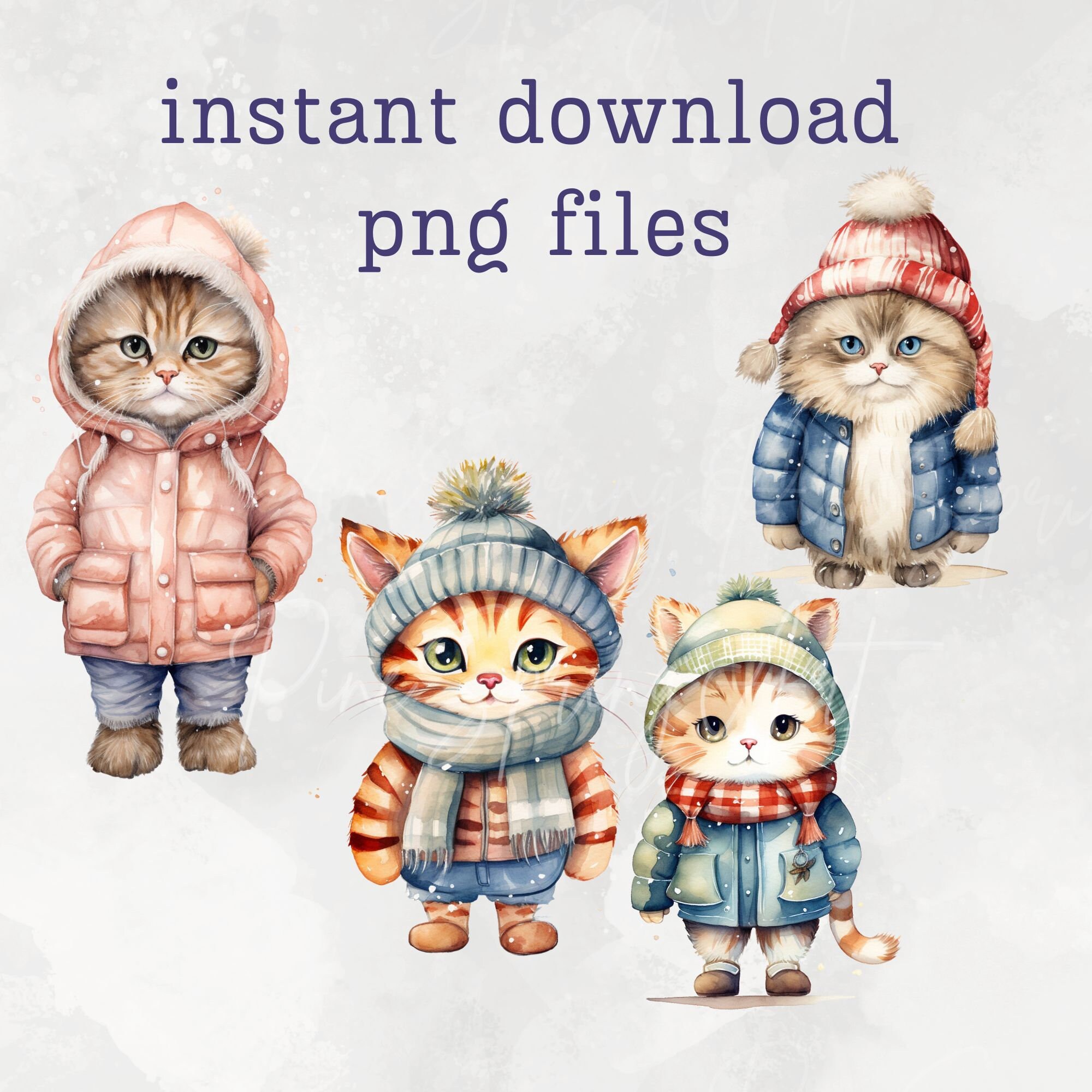 Christmas Cat Watercolor Clipart, Set of 11 Highquality PNG Commercial ...