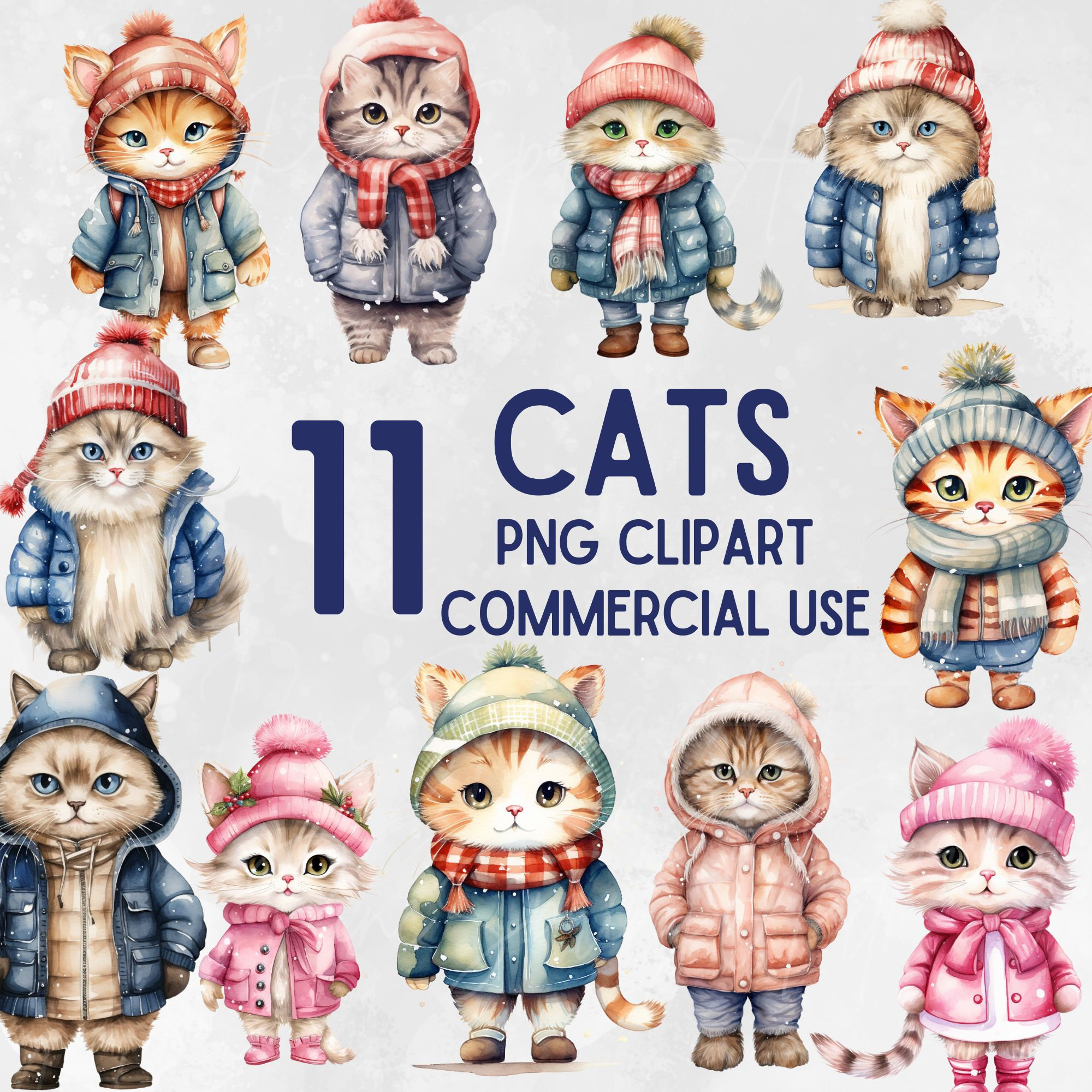Christmas Cat Watercolor Clipart, Set of 11 Highquality PNG Commercial ...