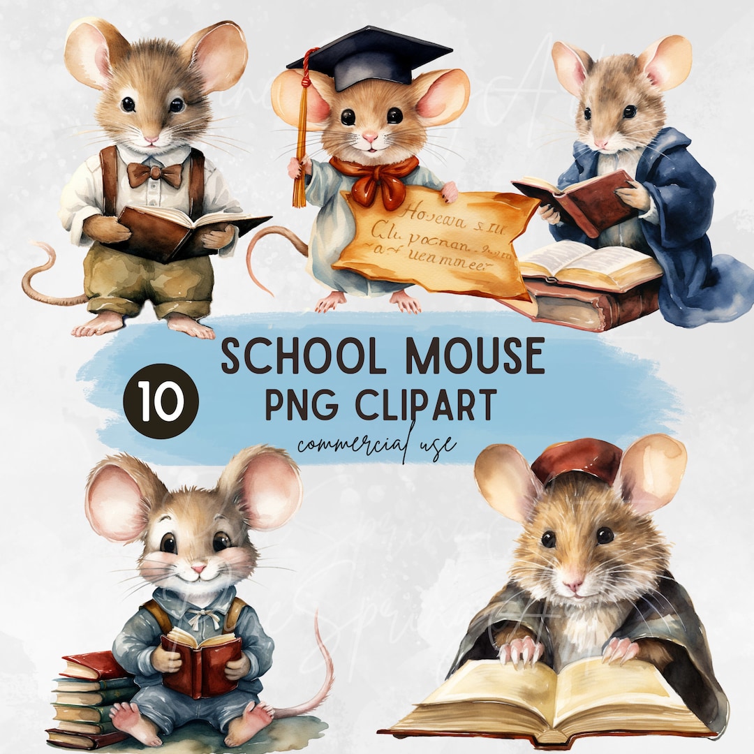 Student Mouse Watercolor Clipart Bundle, Set of 10 HQ Cute Mice PNG ...