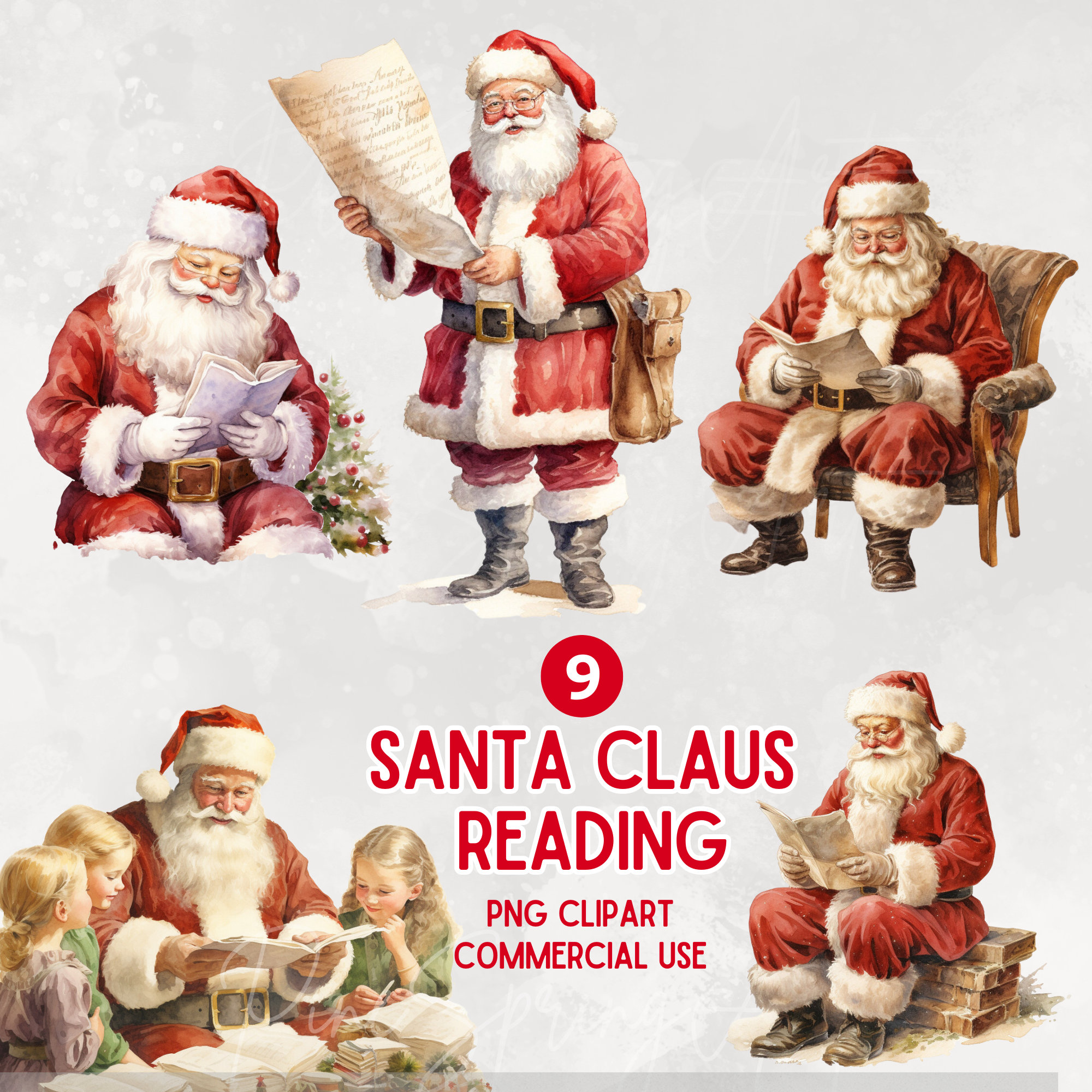 Santa Claus Reading Clipart Bundle, 9 HQ Vintage Santa Reading Clipart ...