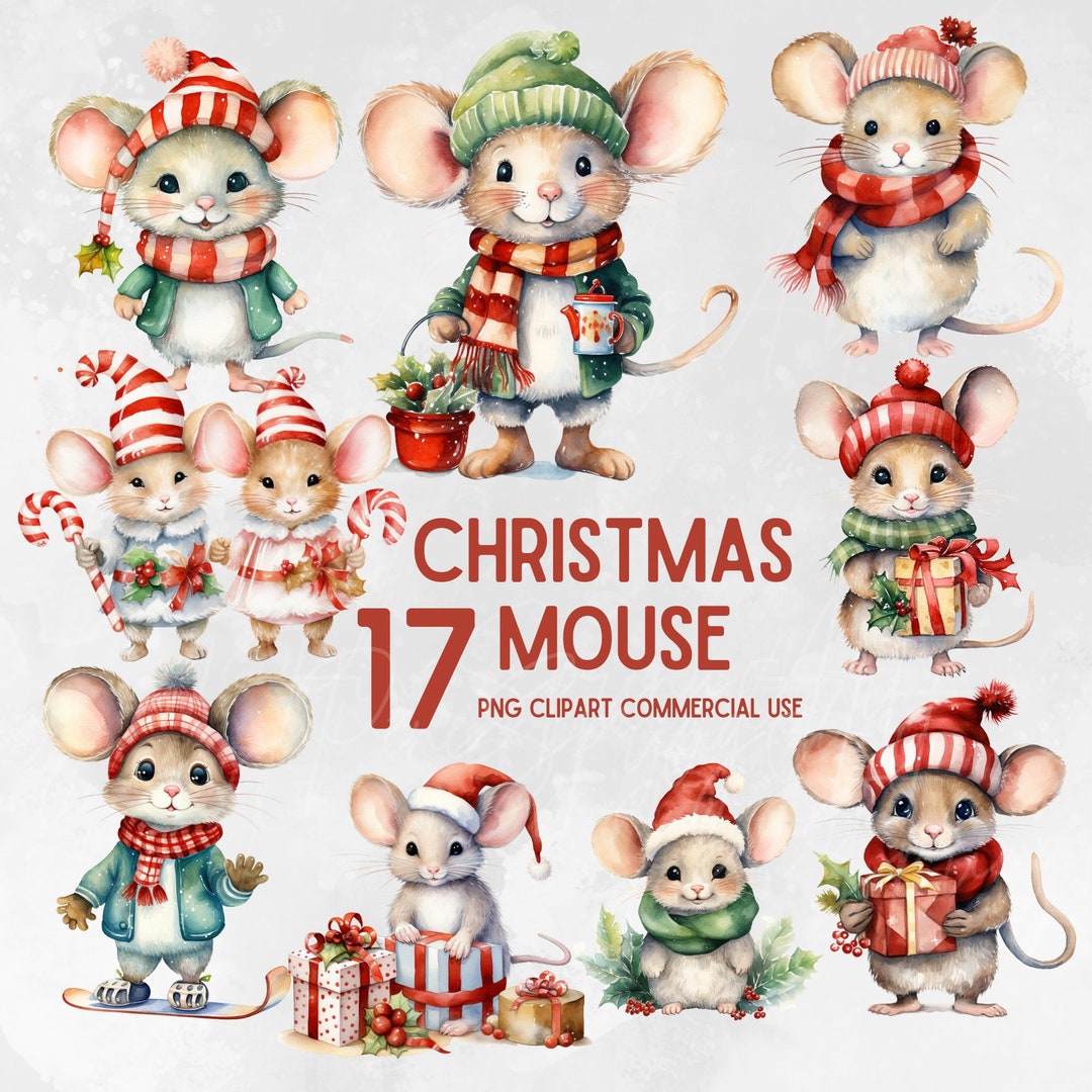 Christmas Mouse Watercolor Clipart Bundle, Set of 17 HQ Cute Mice PNG ...