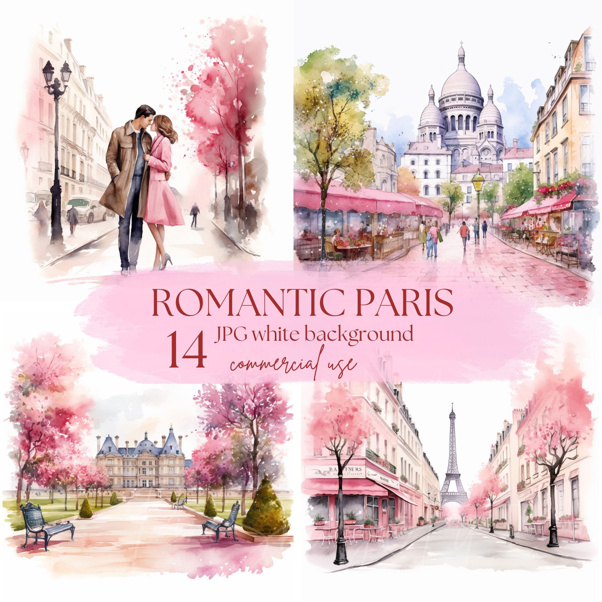 Watercolor Paris Romantic Clipart Bundle, 14 HQ Pink Paris Clipart JPG ...