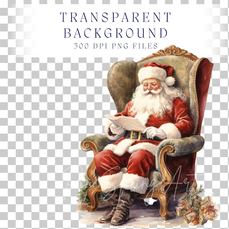 Santa Claus Reading Clipart Bundle, 9 HQ Vintage Santa Reading Clipart ...