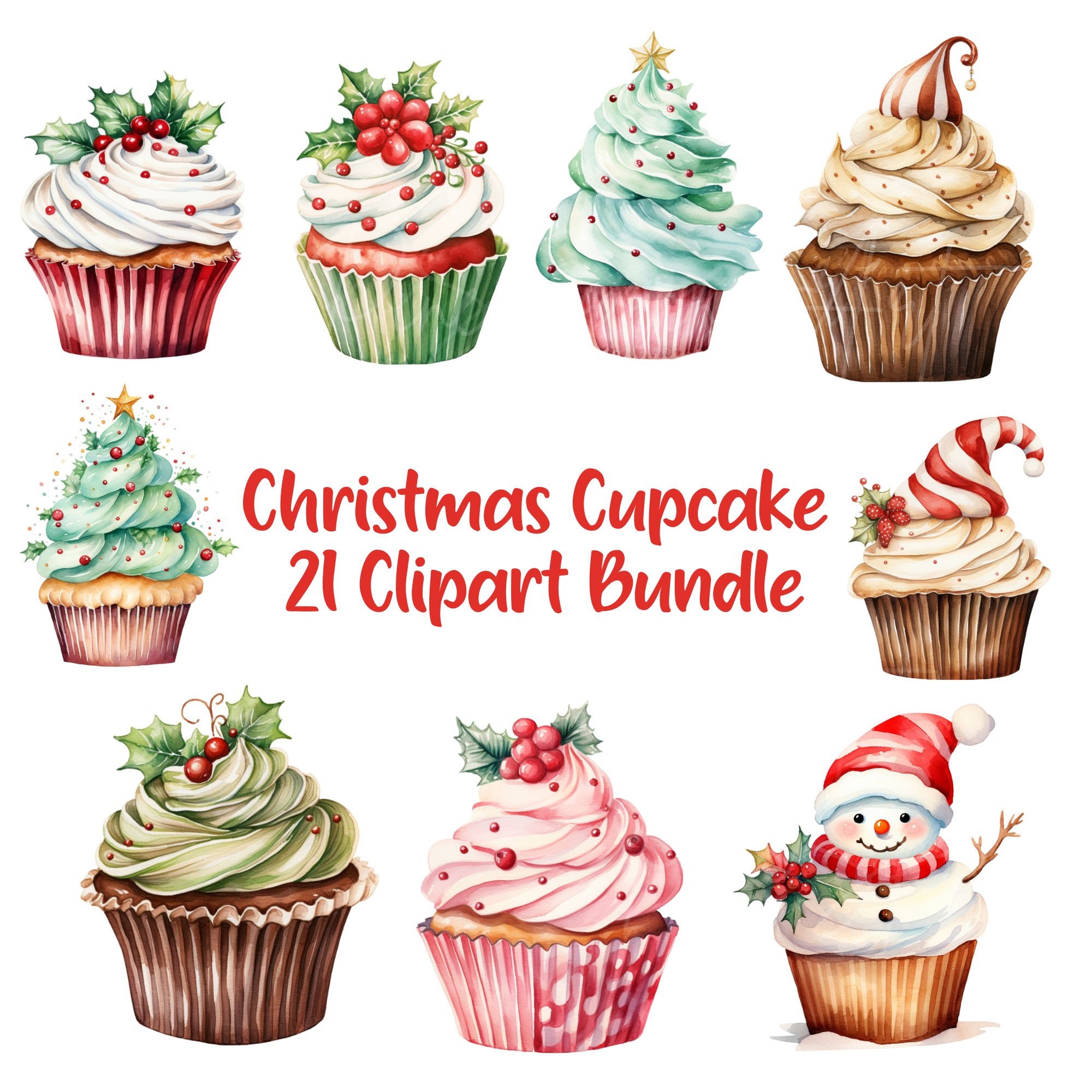 Christmas Cupcake Watercolor Clipart, Set of 21 Highquality PNG ...