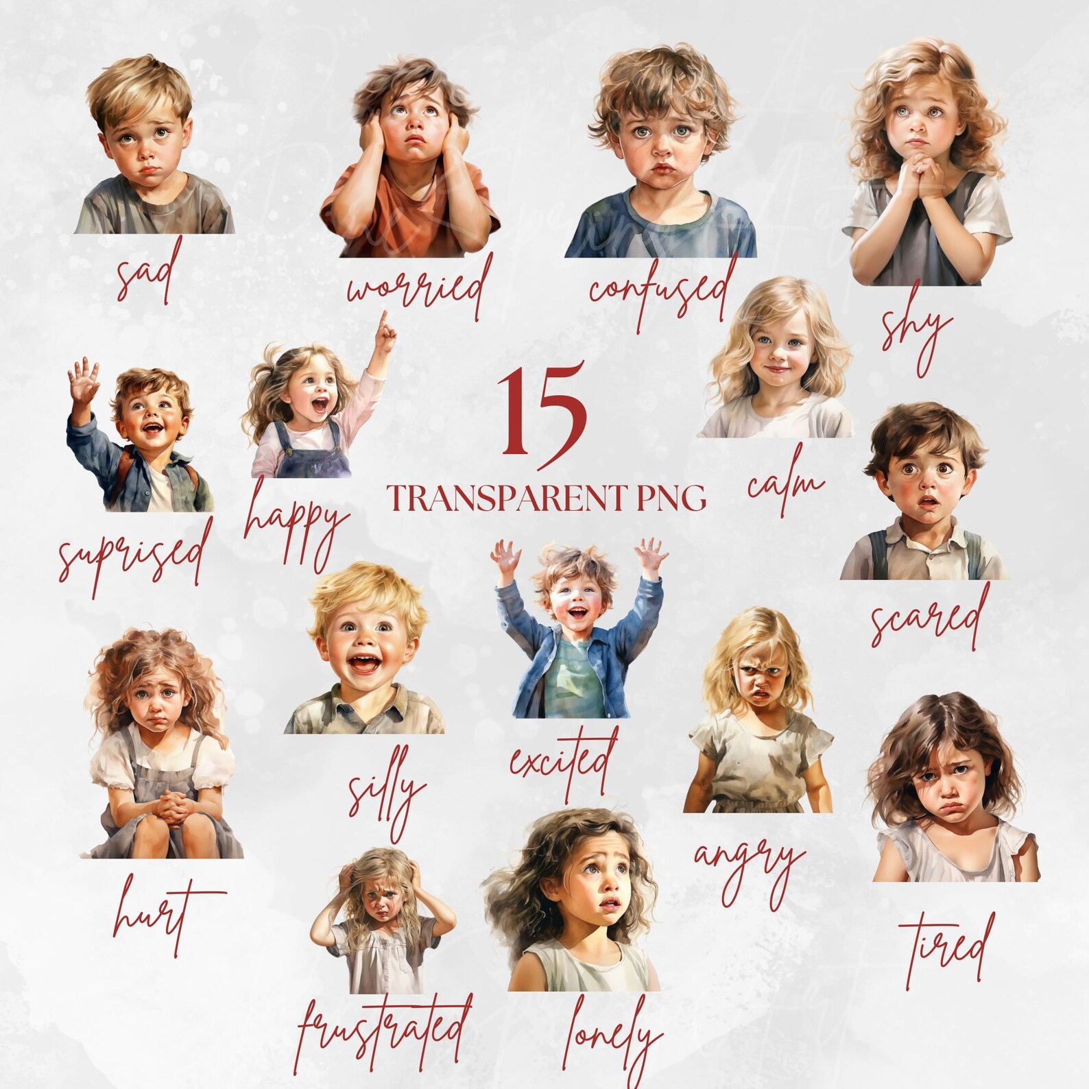 Kids Emotions Watercolor Clipart Bundle, Set of 15 HQ Children's Face ...