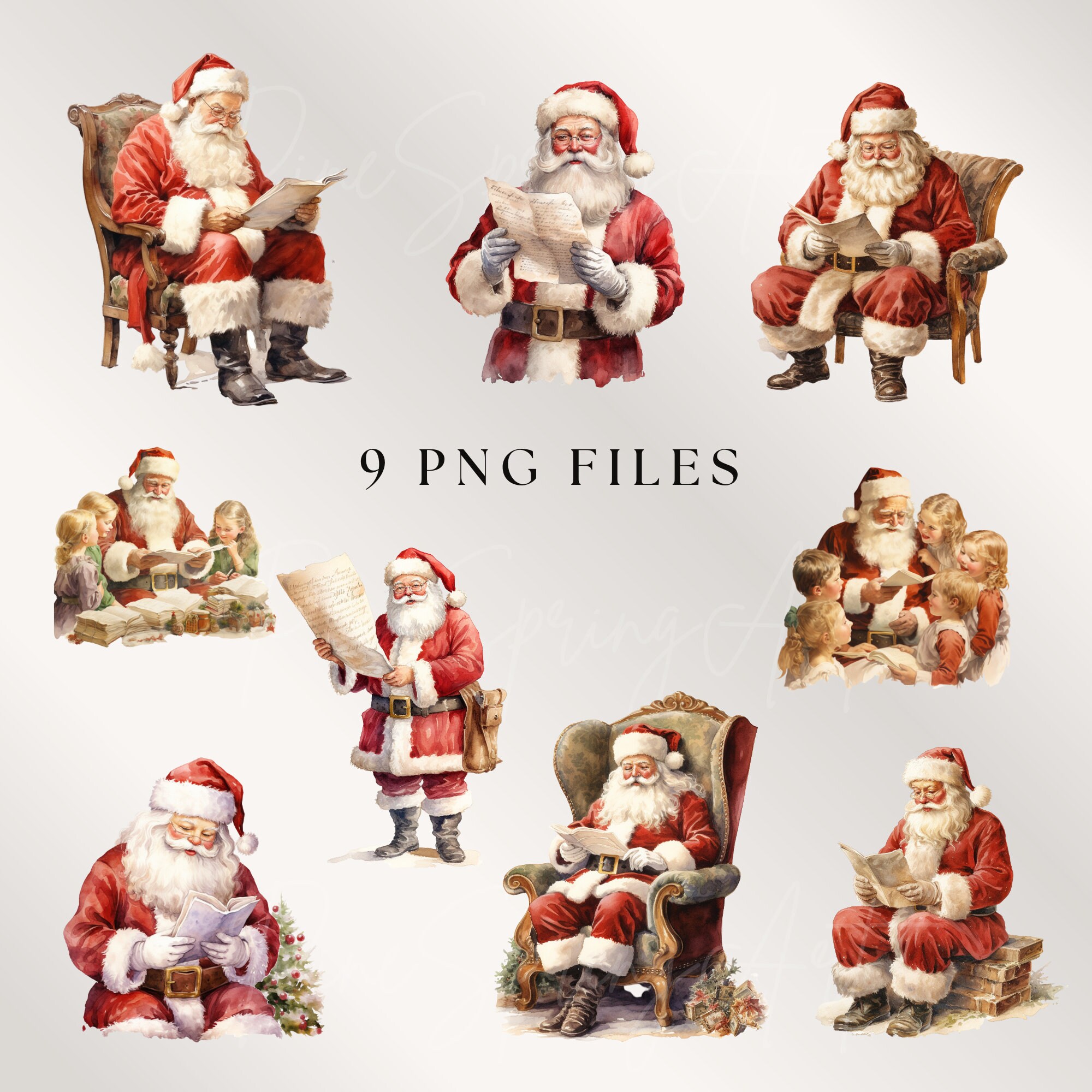 Santa Claus Reading Clipart Bundle, 9 HQ Vintage Santa Reading Clipart ...