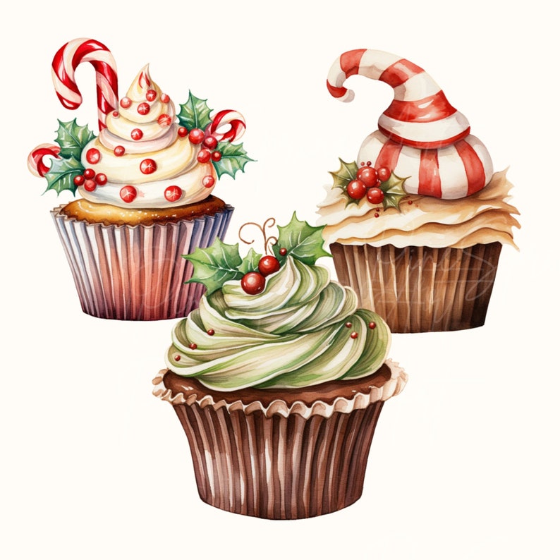Christmas Cupcake Watercolor Clipart, Set of 21 Highquality PNG ...