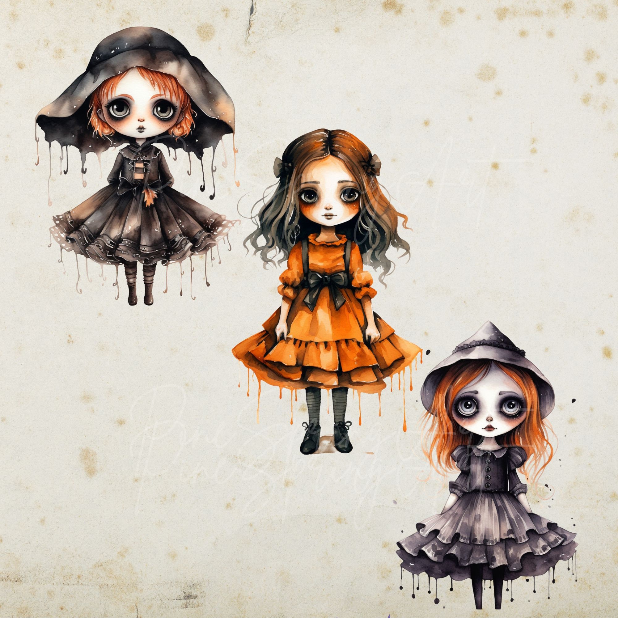 Halloween Dolls Watercolor Clipart Bundle, 14 HQ Spooky Doll Clipart ...