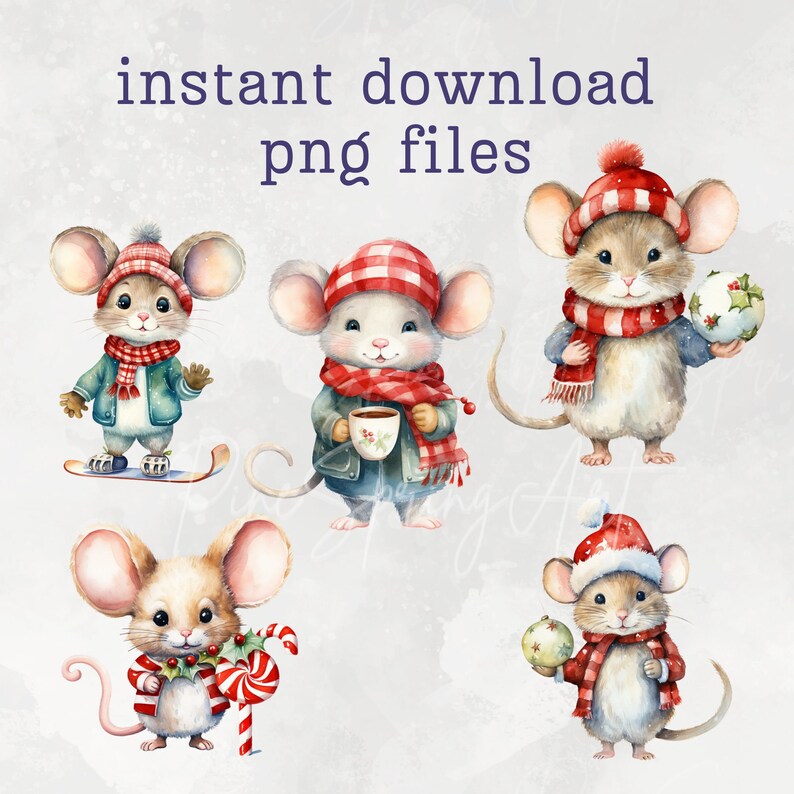 Christmas Mouse Watercolor Clipart Bundle, Set of 17 HQ Cute Mice PNG ...