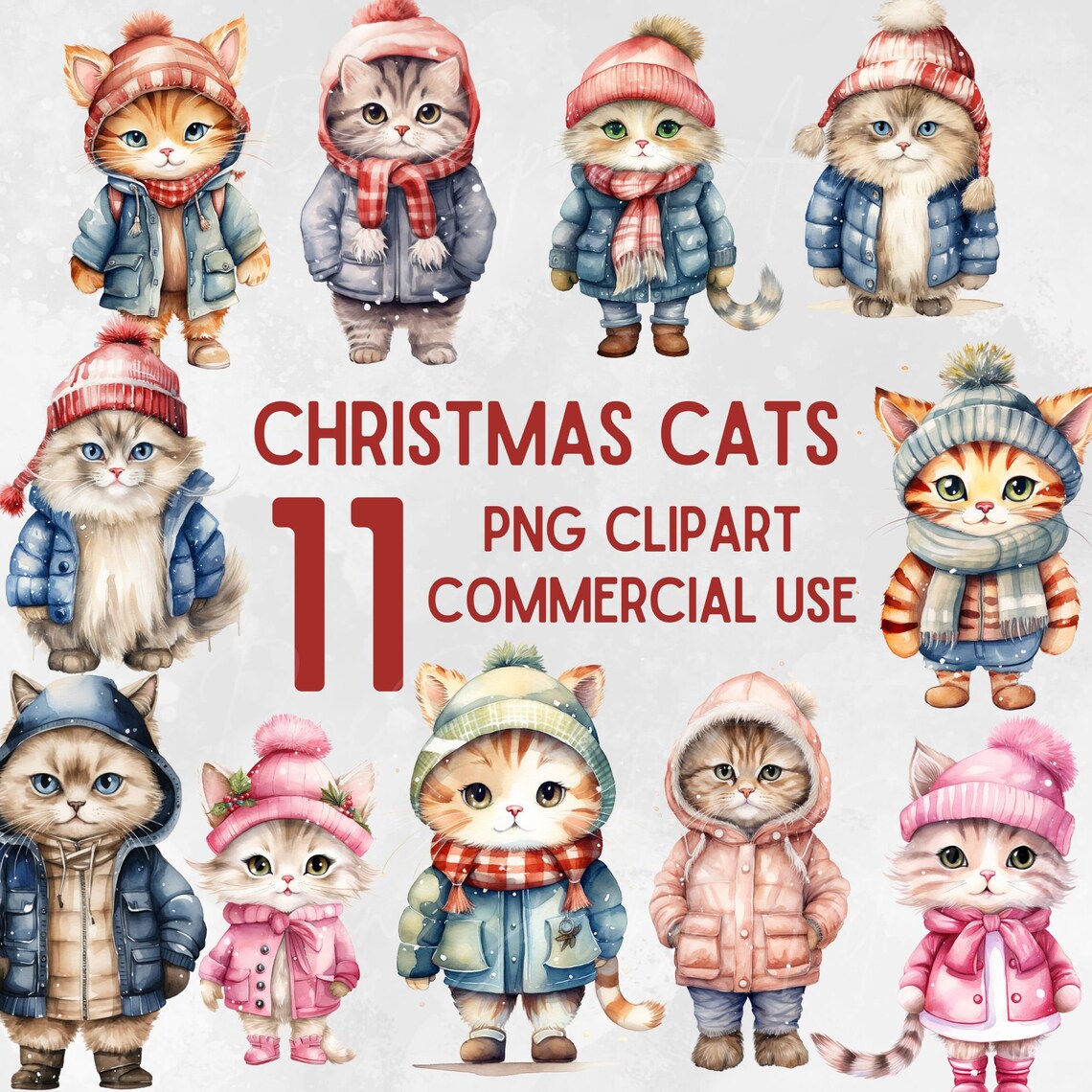Christmas Cat Watercolor Clipart, Set of 11 Highquality PNG Commercial ...