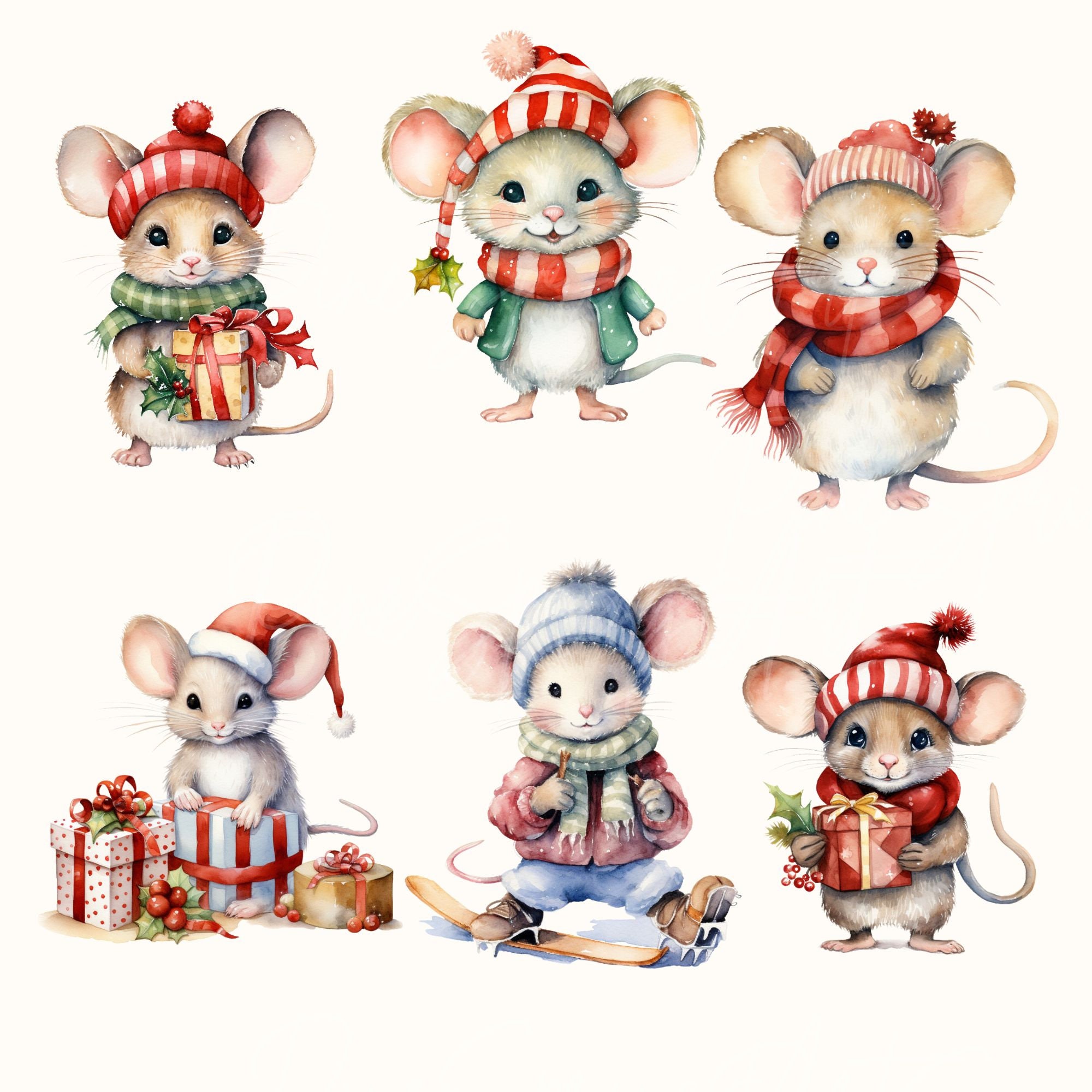 Christmas Mouse Watercolor Clipart Bundle, Set of 17 HQ Cute Mice PNG ...