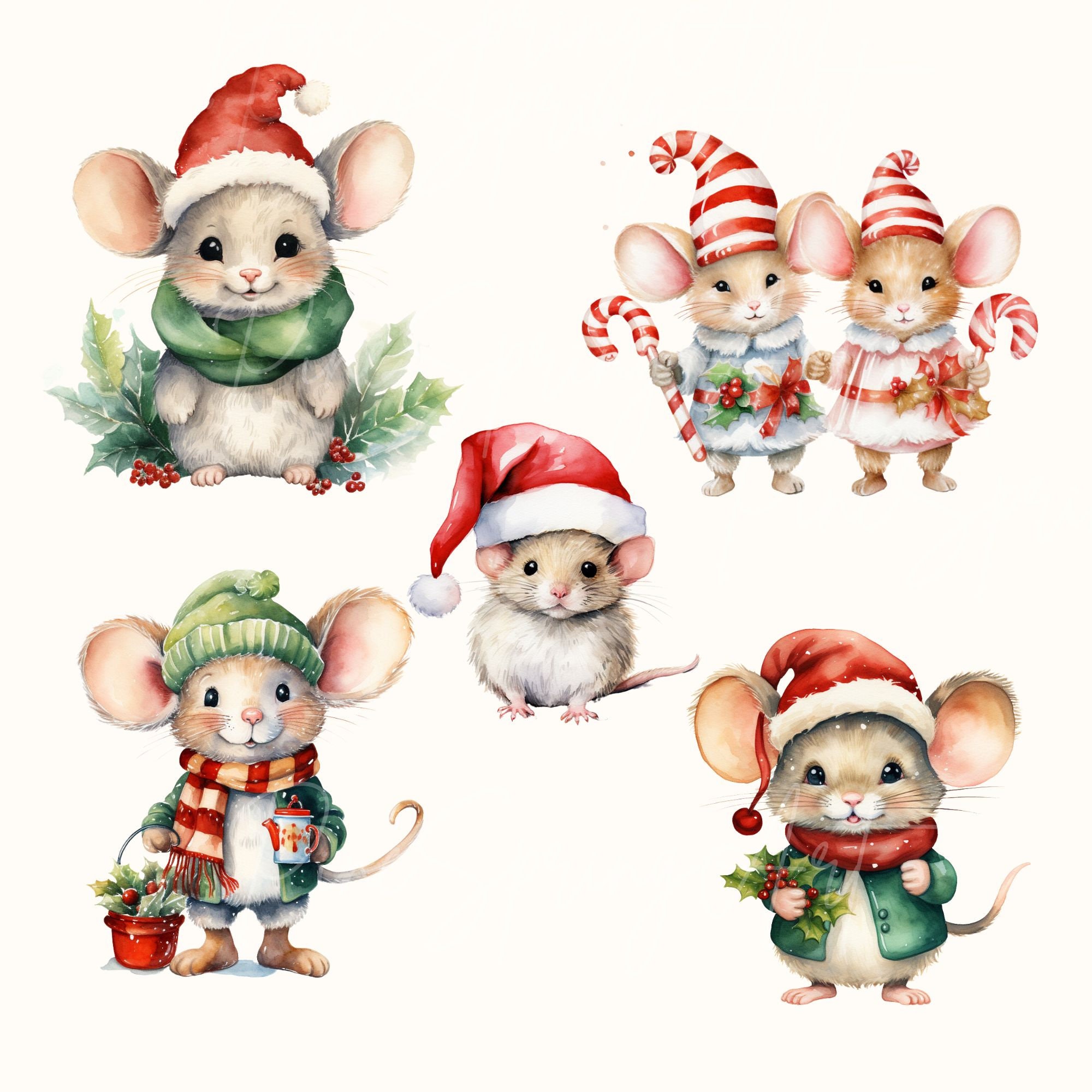 Christmas Mouse Watercolor Clipart Bundle, Set of 17 HQ Cute Mice PNG ...