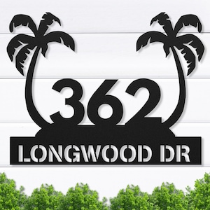Palm Tree House Number Metal Sign, Street Address Plaque, White ...