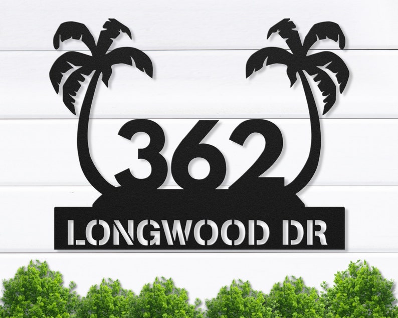 Palm Tree House Number Metal Sign, Street Address Plaque, White ...