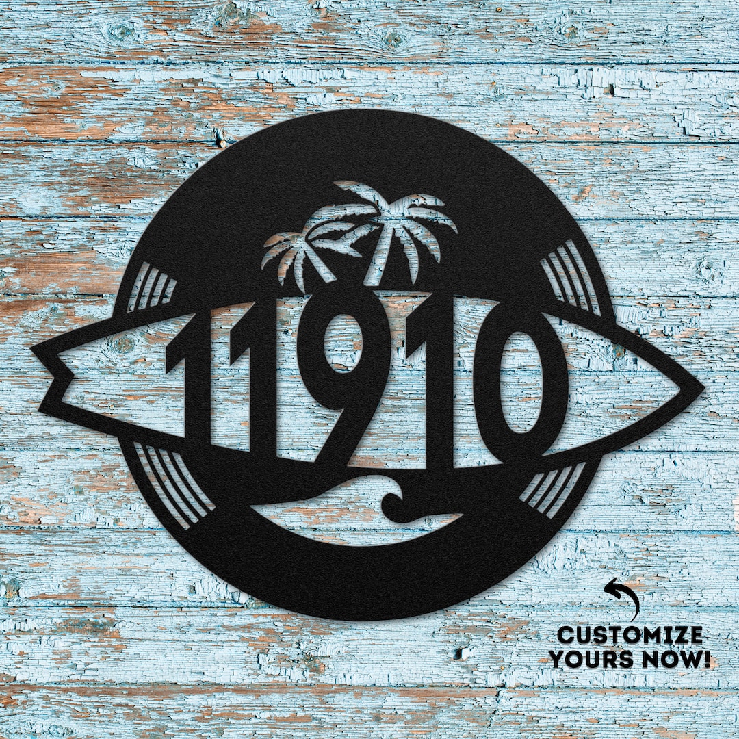 Coastal Address Sign, Surf Board Beach House Numbers, Palm Trees Waves ...